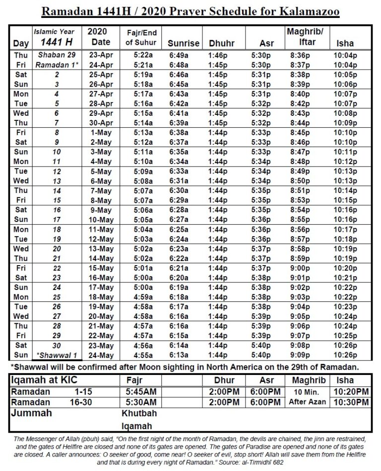 Ramadan 2020 Prayer Times – Kalamazoo Islamic Center