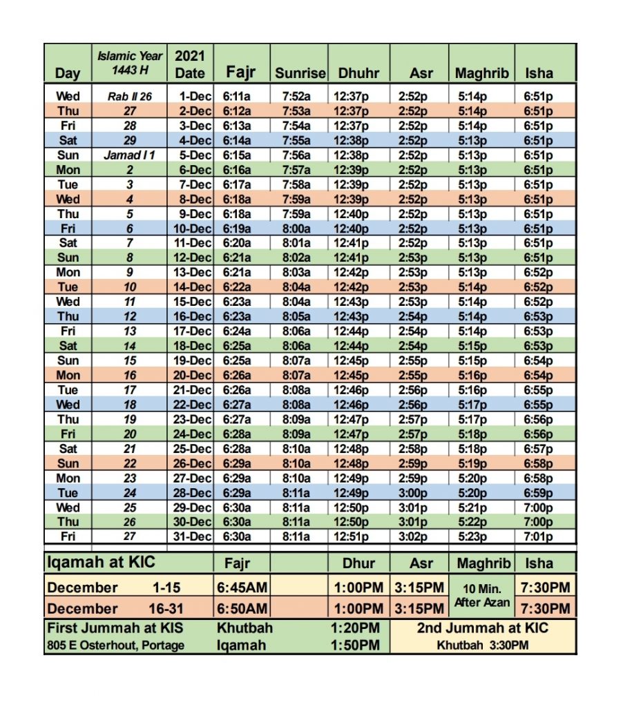 December 2021 Prayer Times | Kalamazoo Islamic Center