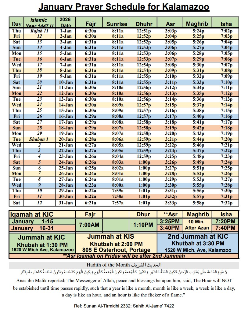 January 2026 Prayer Schedule – Kalamazoo Islamic Center